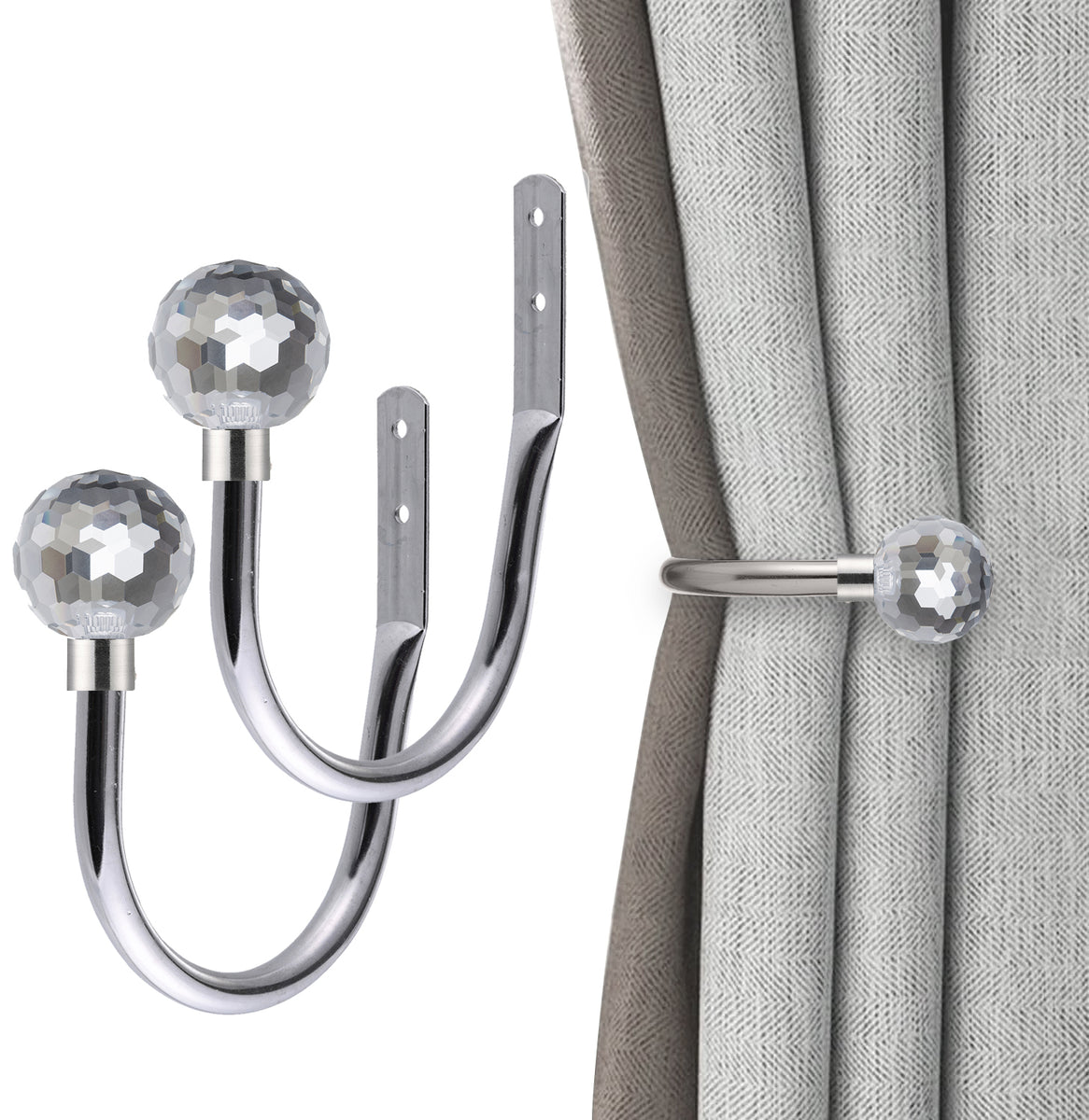 Crystal Clear Metal Curtain Holdbacks Pair - Brushed Steel
